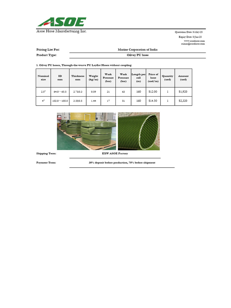 Marine Corporation of India - Asoe - 2"4" Oilvey PU Hose Quotation ...