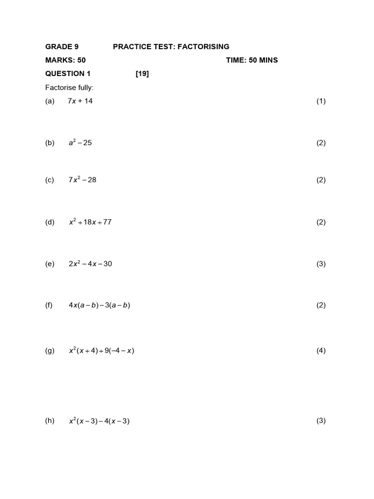 Grade 9 Factorisation Practice Test | PDF
