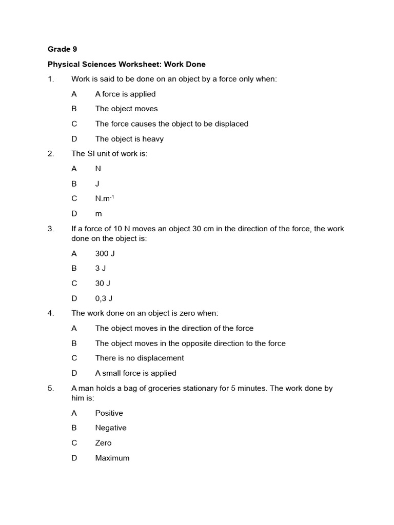 Grade 9 Worksheet on WORK | PDF | Force | Friction