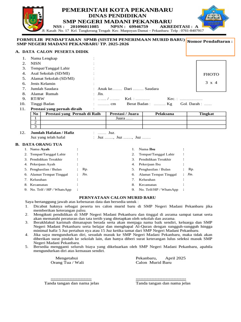 Formulir Pendaftaran SPMB 2025 SMP | PDF