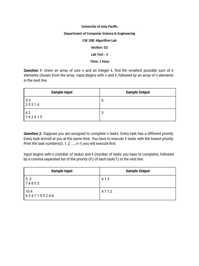 CSE 208 D2 Algorithm Lab Test 3 | PDF