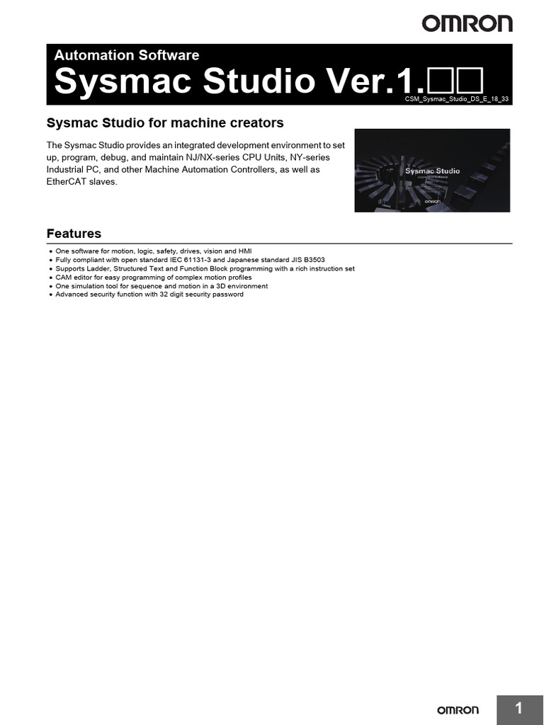 Sysmac Studio Ver.1. Automation Software Datasheet en | PDF | Microsoft Windows | 64 Bit Computing
