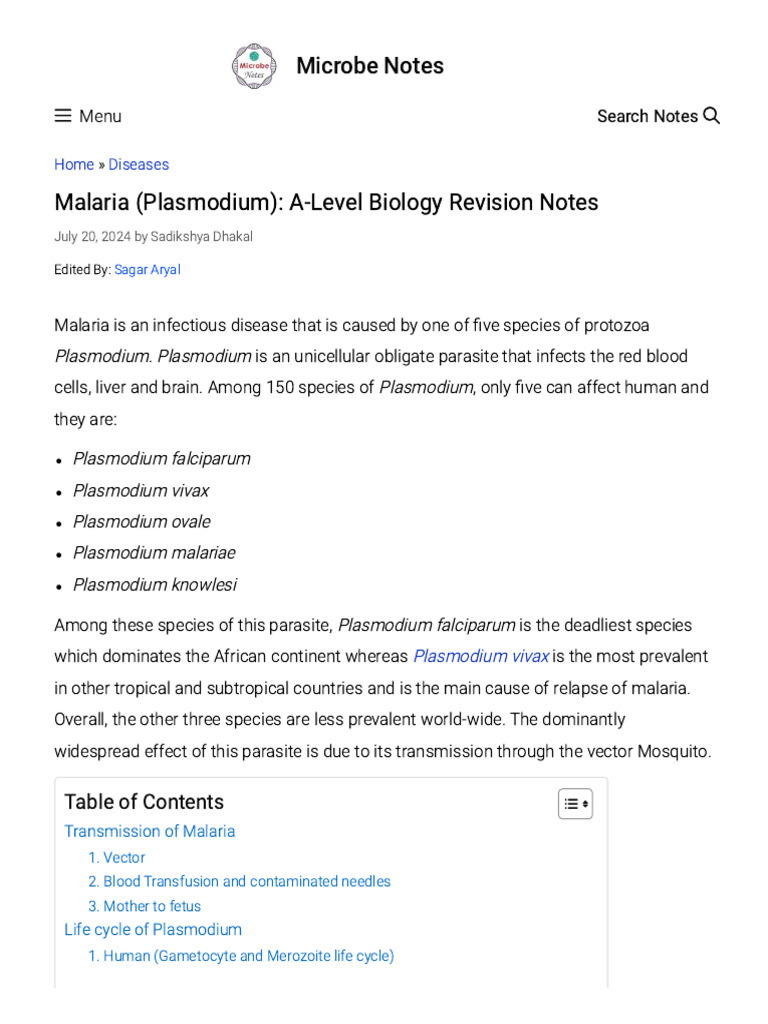 Malaria (Plasmodium) - A-Level Biology Revision Notes | PDF | Malaria ...