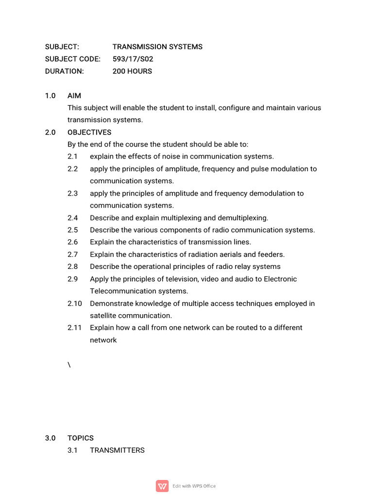 Transmission Course Outline | PDF | Physical Layer Protocols ...