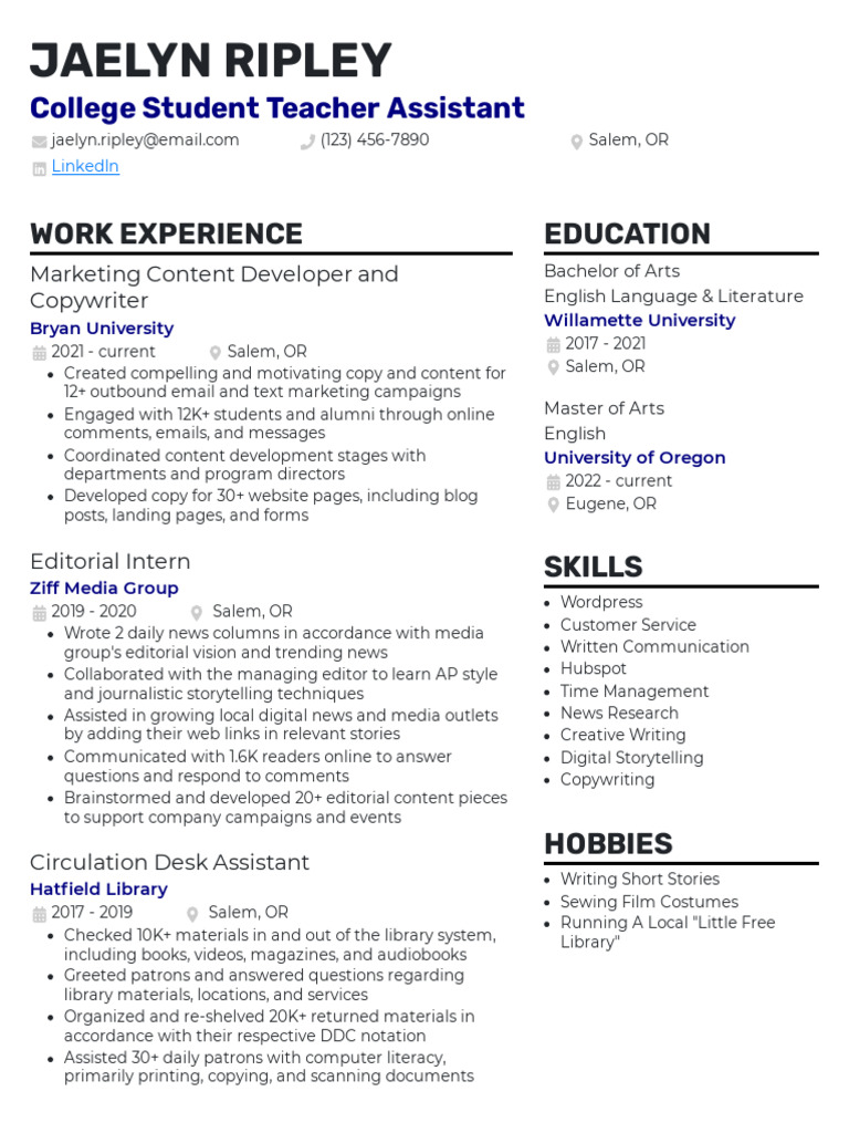 (Sample) College Student Teacher Assistant Resume Example | PDF ...