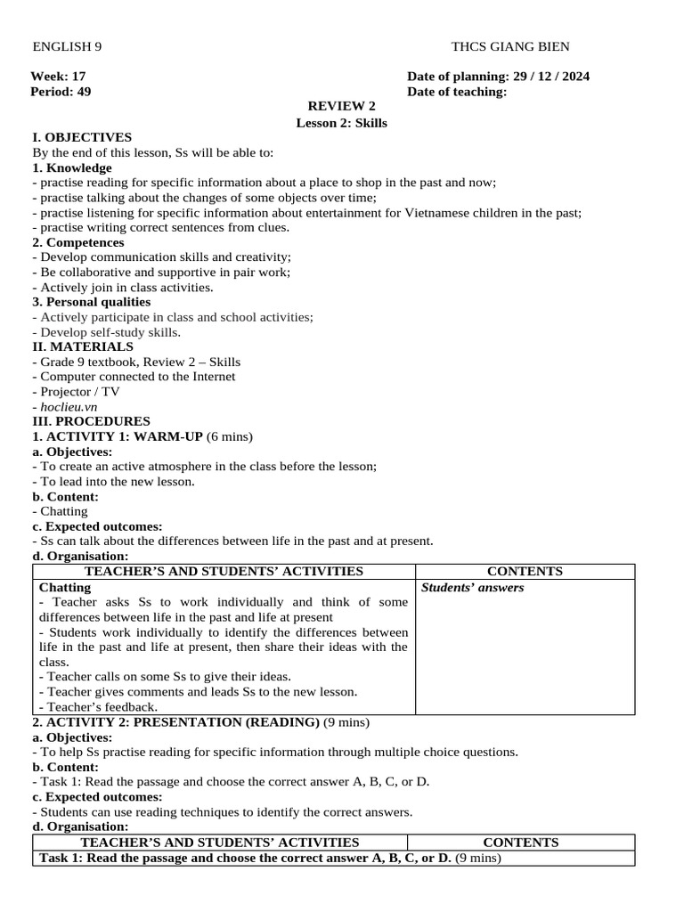 E9 - Lesson Plan - Week 17 18 | PDF | Question | Teachers