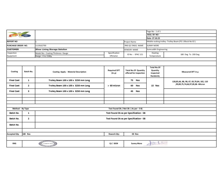 Trolley Beam Powder Coating Inspection Report - 27.10.23 | PDF ...
