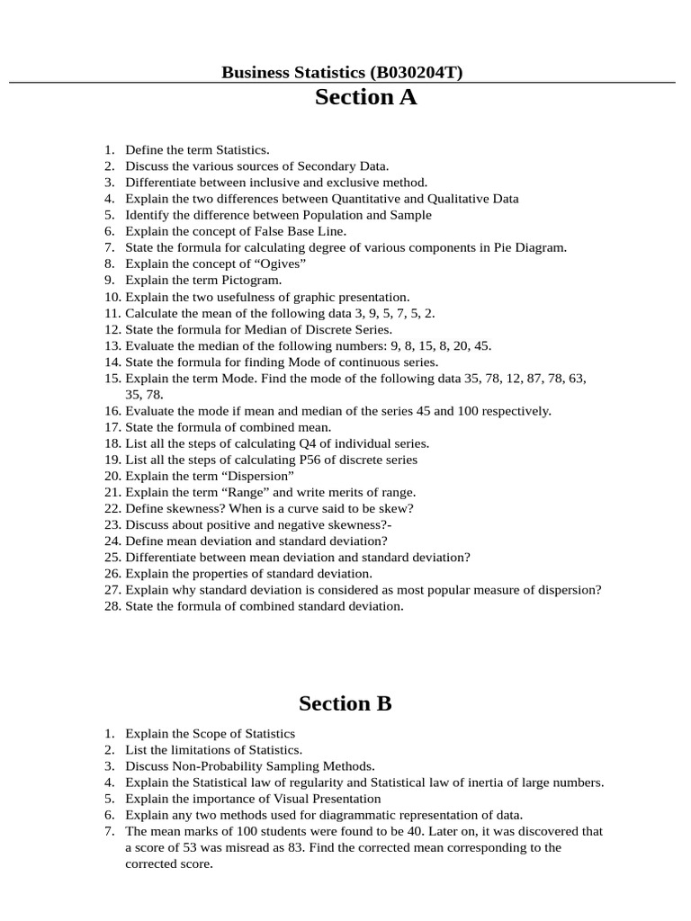 Business Statistics Question Bank | PDF | Mode (Statistics) | Skewness