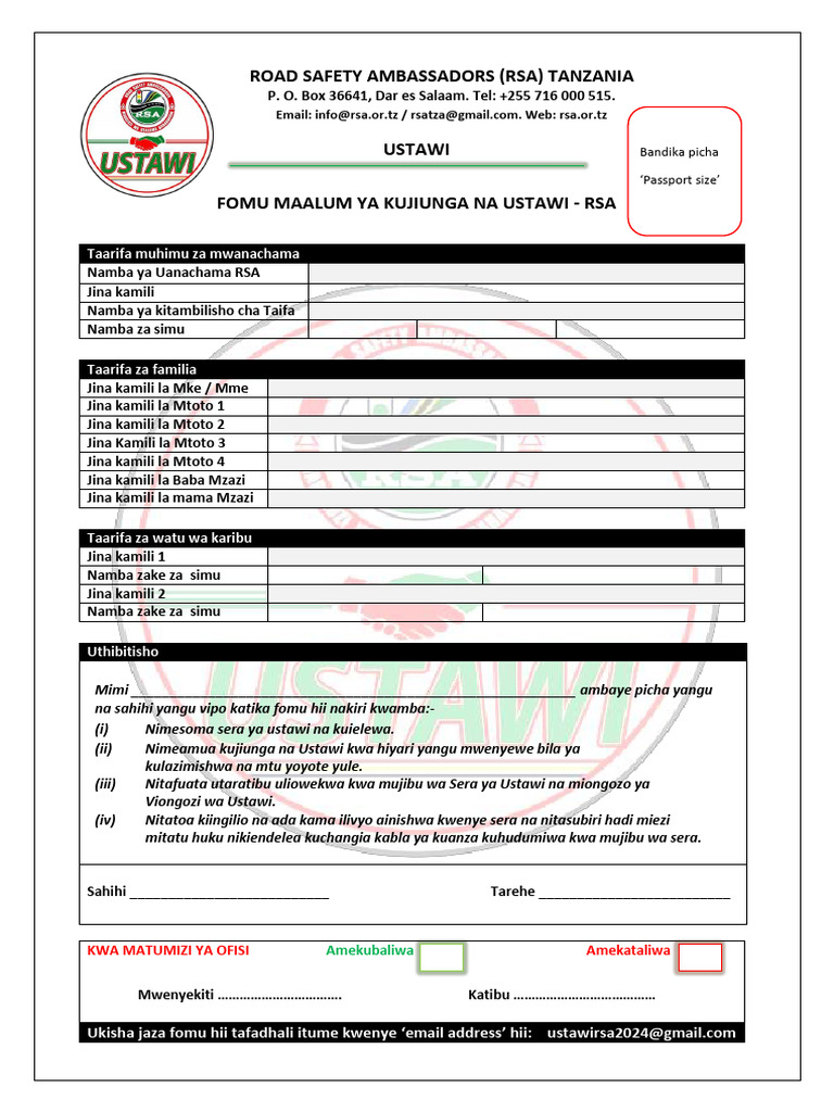Fomu Ya Maalum Kujiunga Ustawi-RSA | PDF