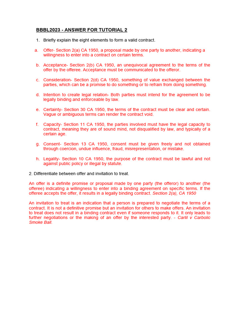 BBBL2023 Answer For Tutorial 2 | PDF | Offer And Acceptance | Consideration