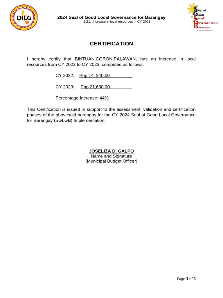 2024 Seal of Good Local Governance Certification | PDF