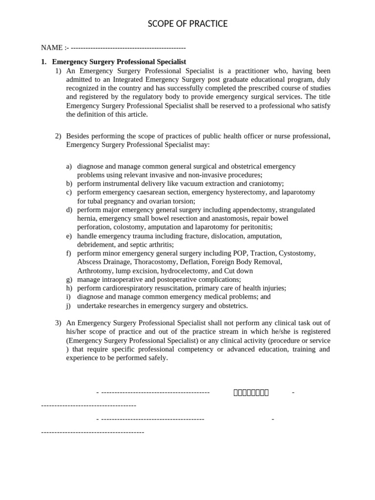 Emergency Surgery Professional Specialist SCOPE OF PRACTICE | PDF ...