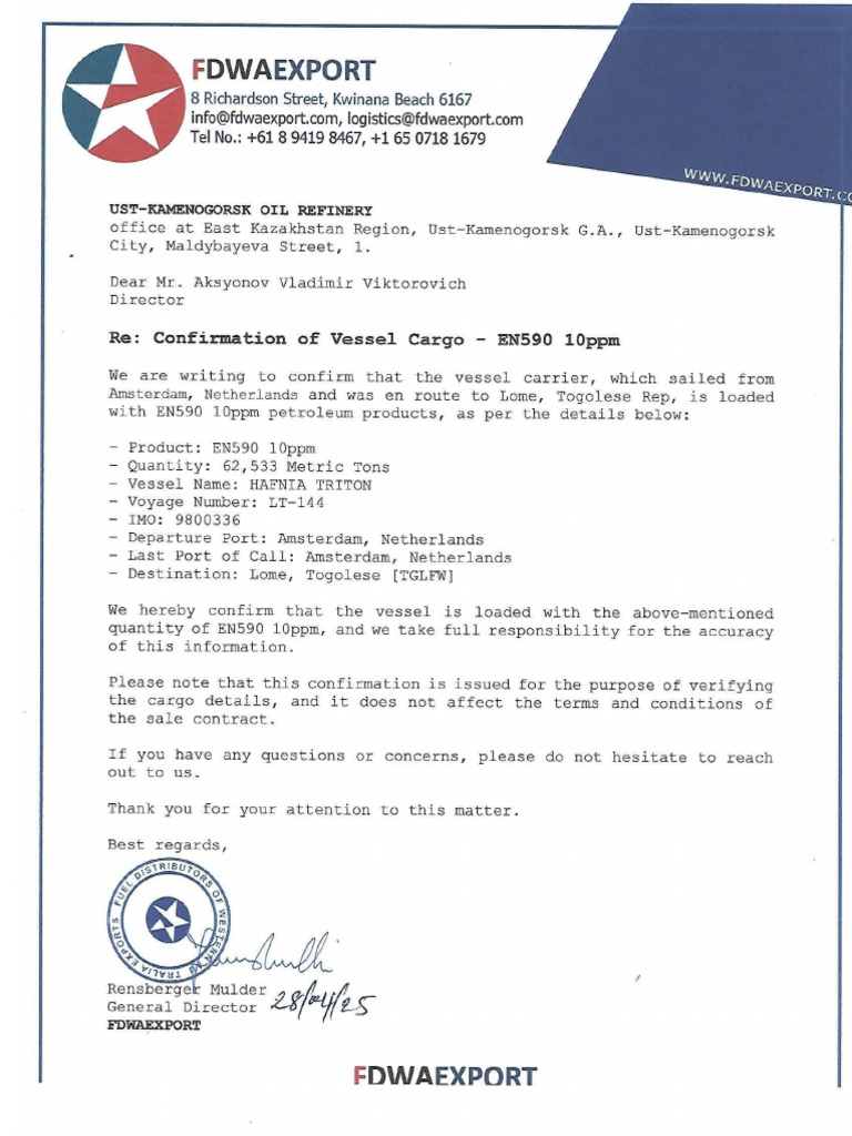 Scan CONFIRMATION OF VESSEL CARGO | PDF