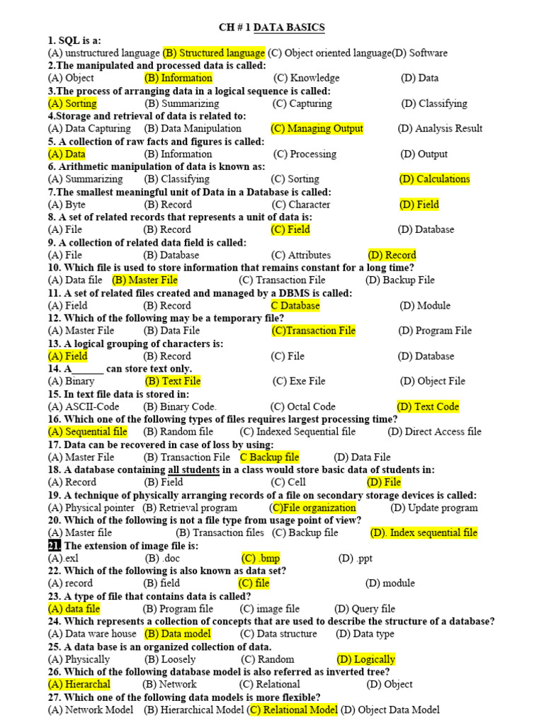 COMPUTER Solved MCQ for Part 2 | PDF | Databases | Relational Database