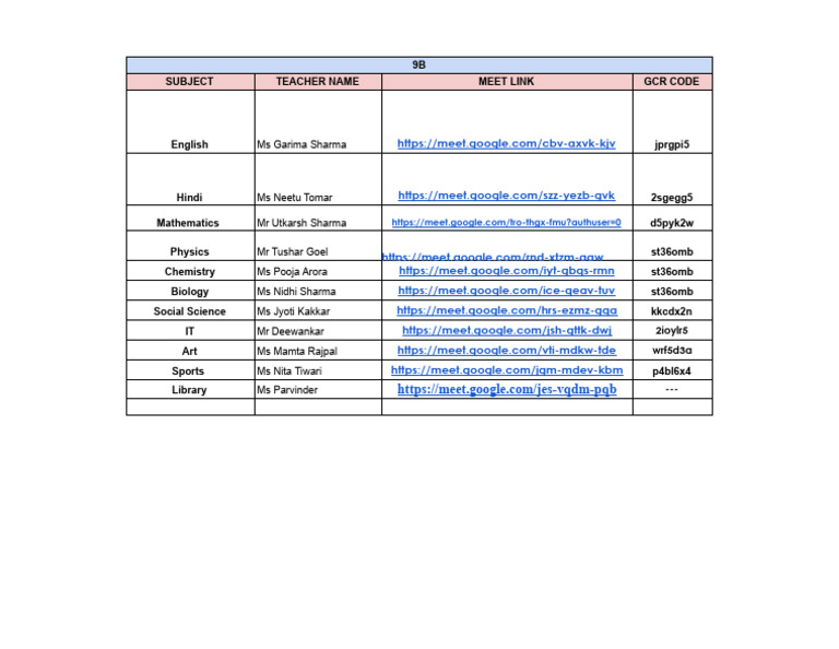 2024-25 - Time Table Links - Class 9b-Compressed | PDF