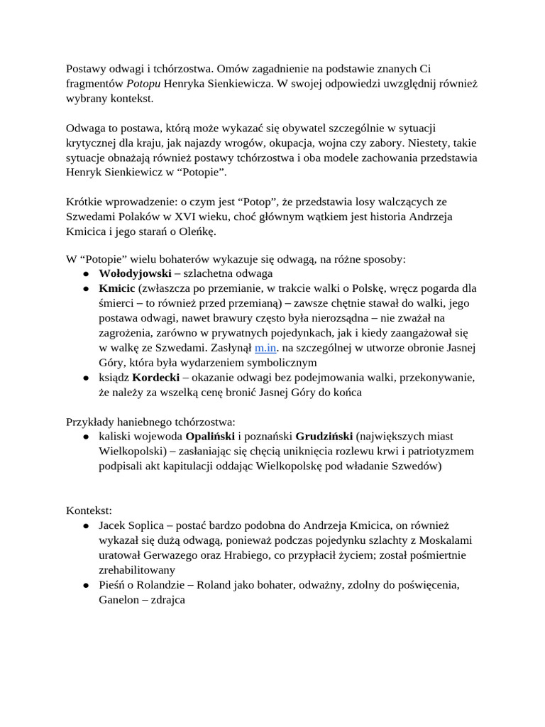 Postawy Odwagi I Tchórzostwa - Potop | PDF