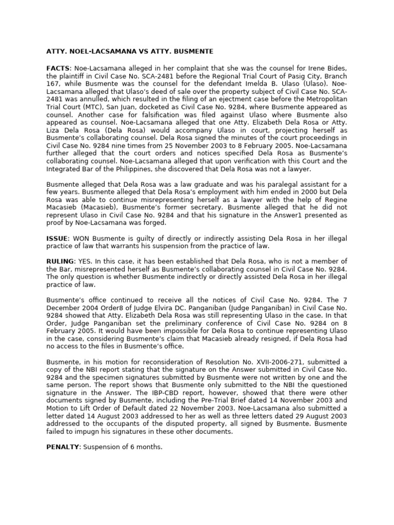 Atty. Noel-Lacsamana Vs Atty. Busmente | PDF | Lawsuit | Justice