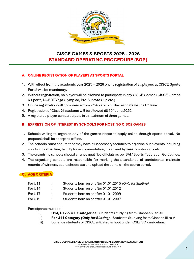 CISCE Sports & Games 2025-26 SOP | PDF