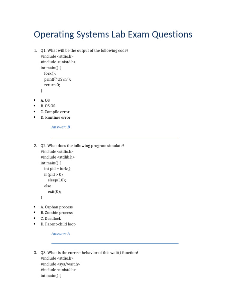OS_Lab_Exam_MCQ_Questions_All_20 | PDF | Concurrency (Computer Science) | Process (Computing)