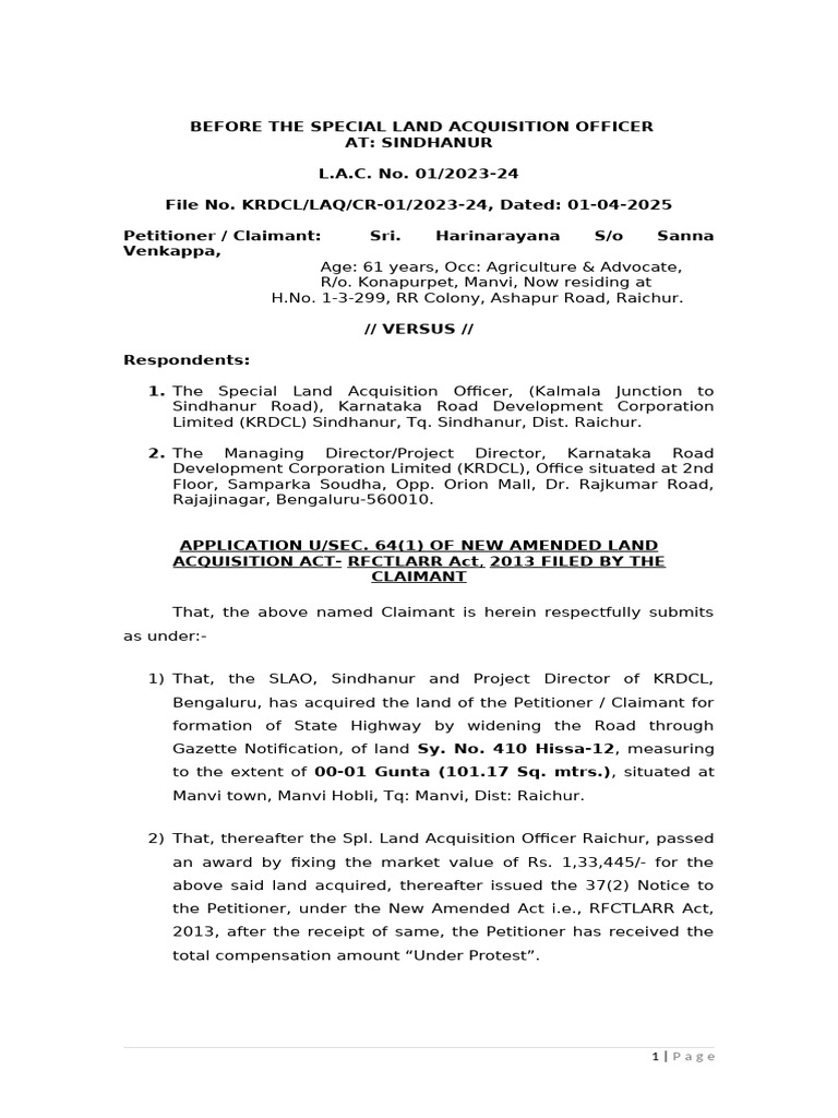 Application Usec. 18 (1) of The Land Acquisition Act | PDF