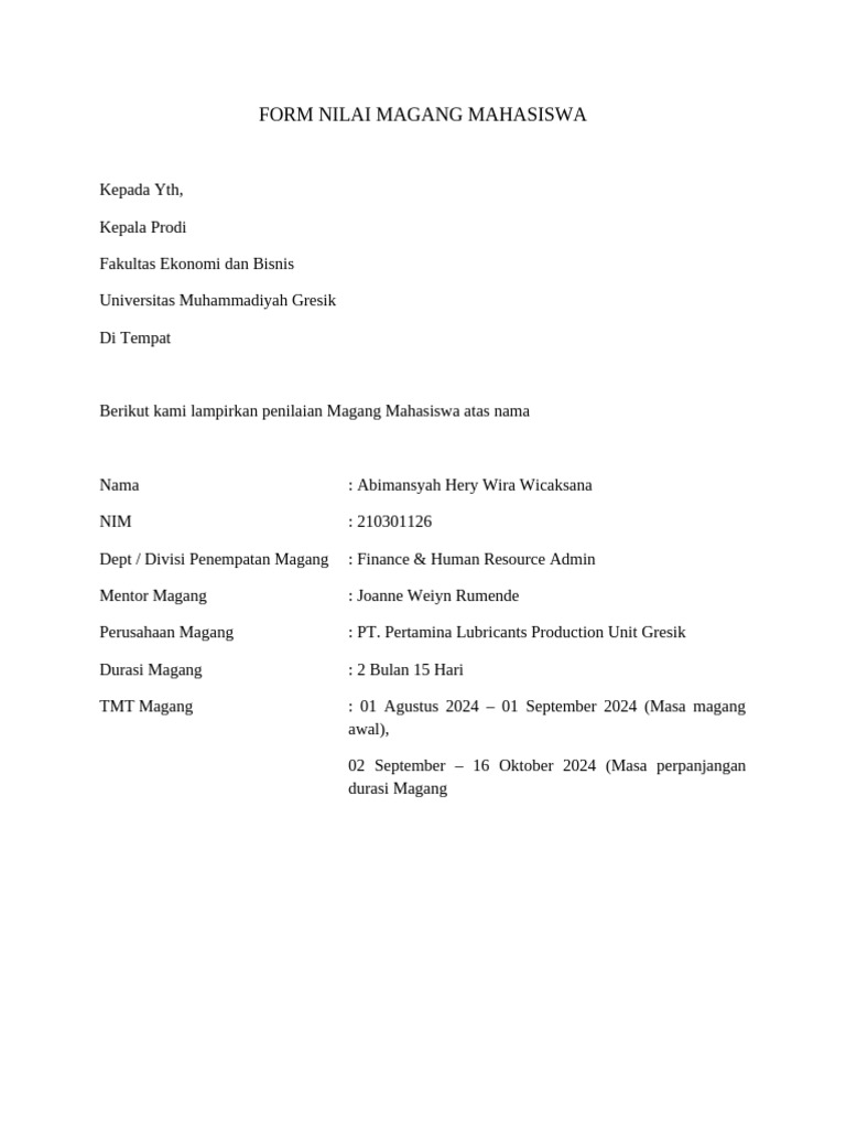 Form Nilai Magang Mahasiswa | PDF