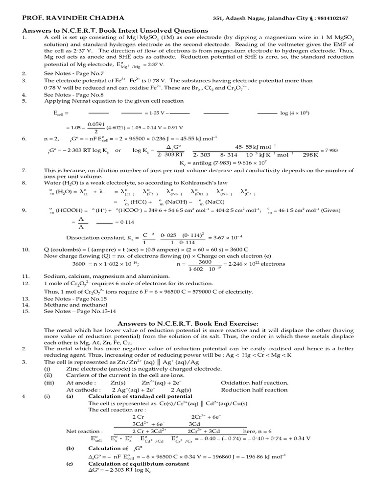 Electrochemistry - 2025 - Answer To Ncert - Hot - Etc | PDF | Redox | Anode