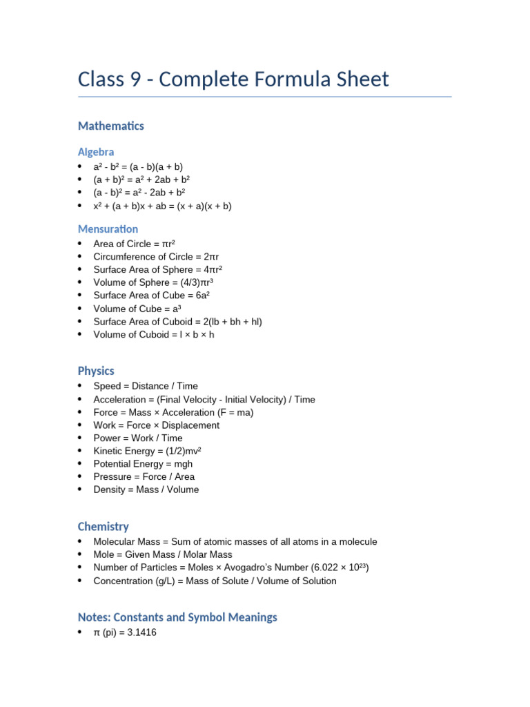 Class 9 Formula Sheet | PDF