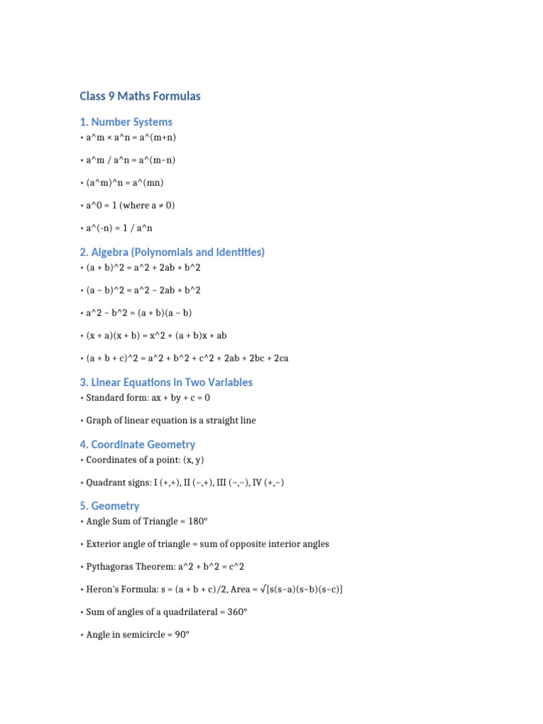 Class 9 Maths Formulas | PDF