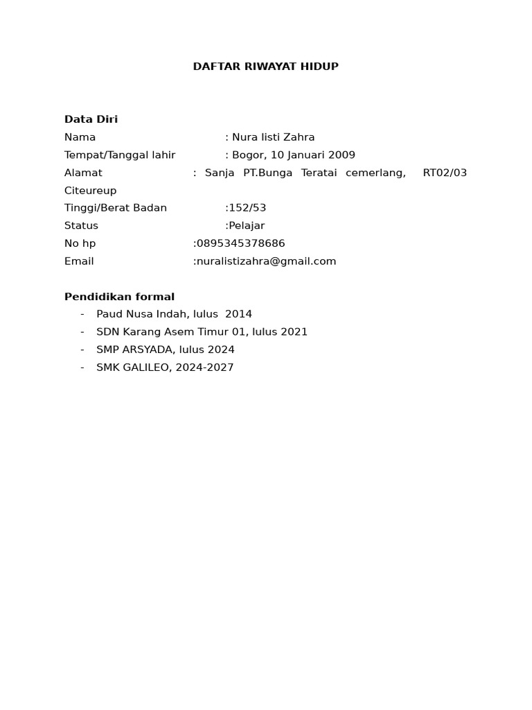 Daftar Riwayat Hidup Nura Listi | PDF