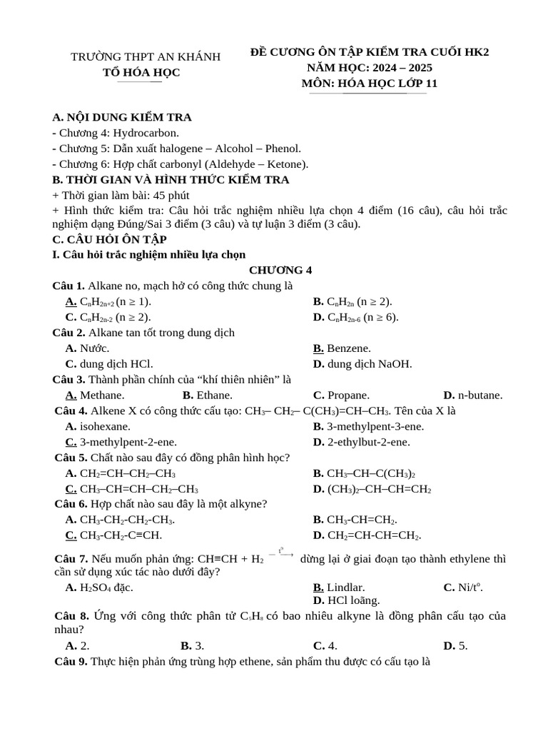 ĐỀ CƯƠNG ÔN TẬP HK2 - HÓA 11 | PDF