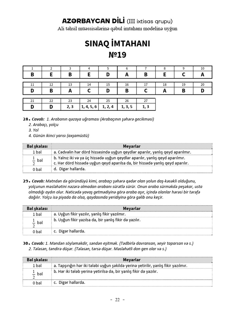 Azerbaycan Dili Qrup 3 AZ Sinaq 19 | PDF