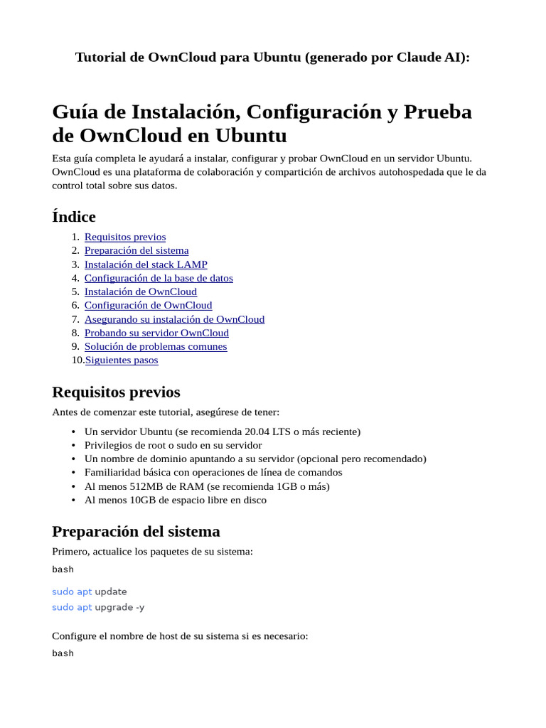 Tutorial de OwnCloud para Ubuntu - Claude AI | PDF | Mi sql | Servidor HTTP Apache