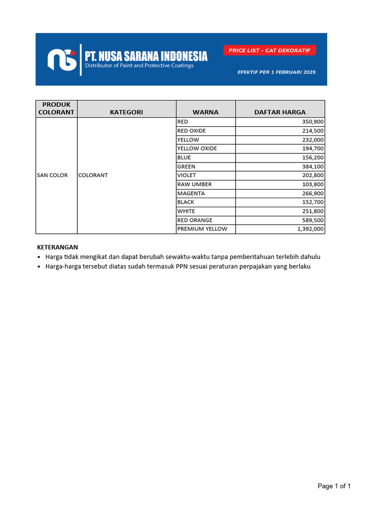 Price List Colorant PT NSI Per 1 Februari 2025 | PDF