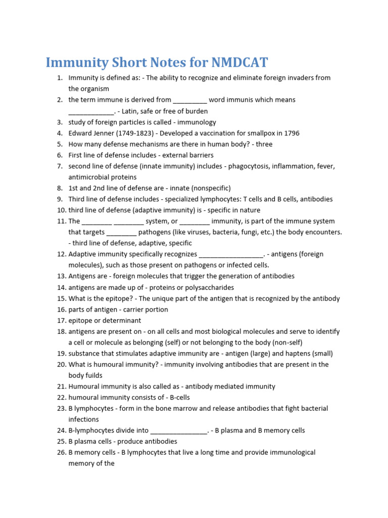 Immunity Short Notes For NMDCAT | PDF | Immune System | Antibody