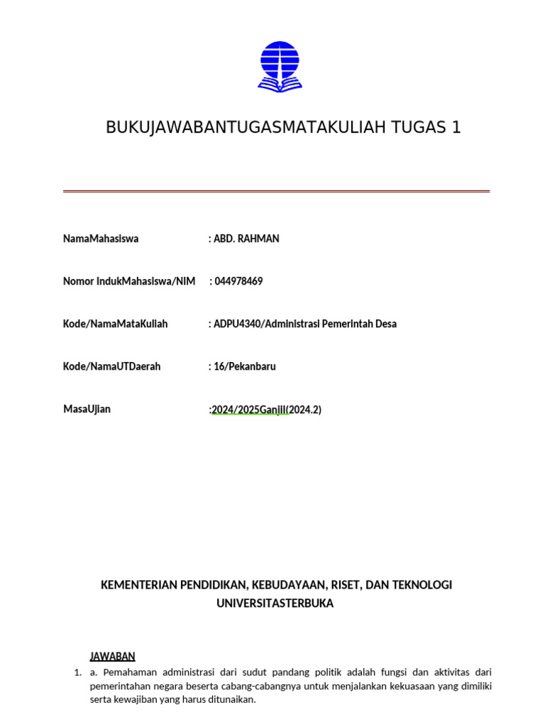 ADPU4340 Administrasi Pemerintahan Desa | PDF