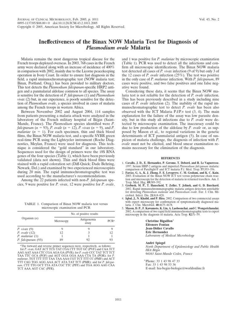 Ineffectiveness of the ICT MP Test for P Ovale | PDF | Malaria | Infection
