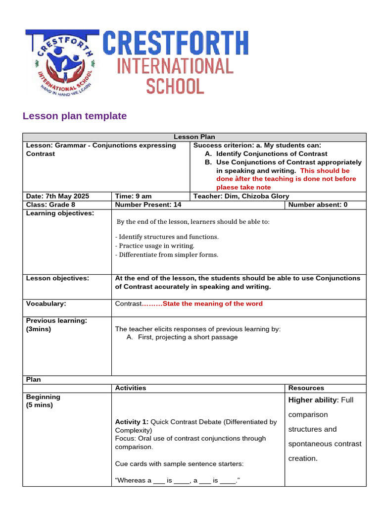 Week 1 English Lesson Plan For Grade 8.UPDATED | PDF | English Language ...