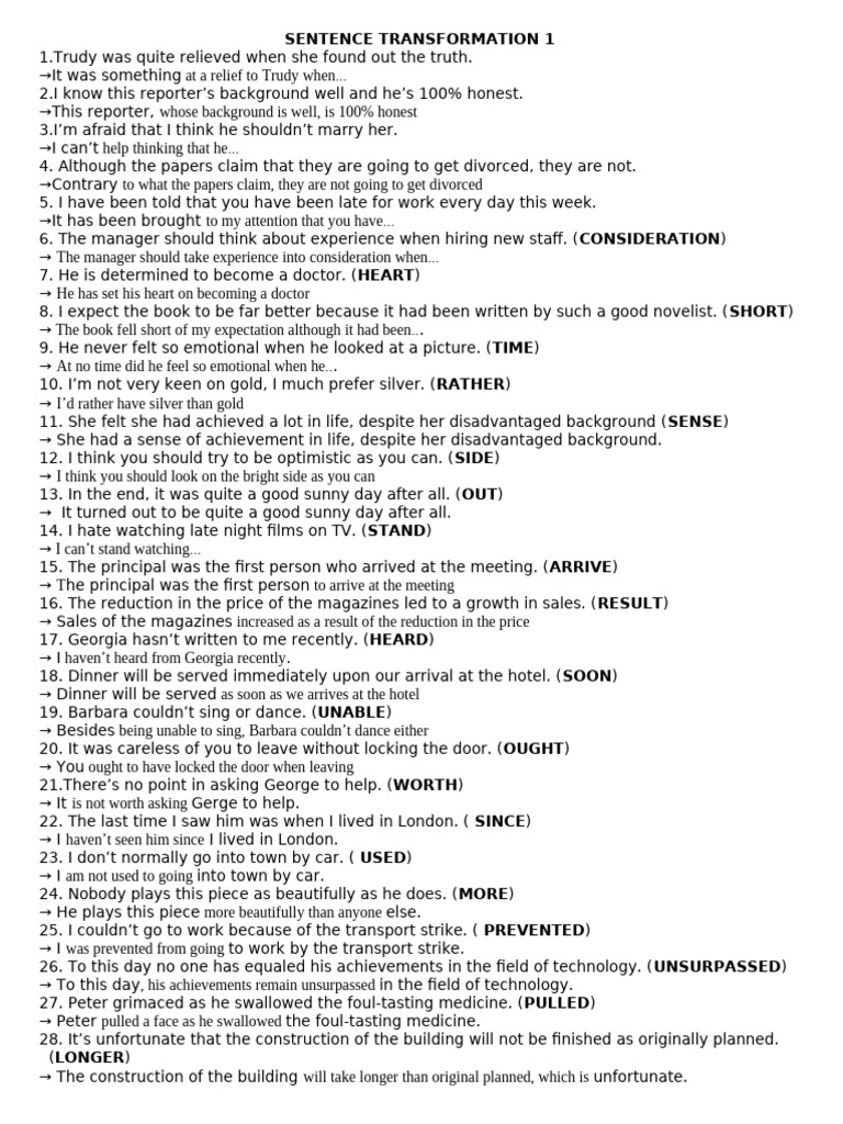 Sentence Transformations Practice | PDF