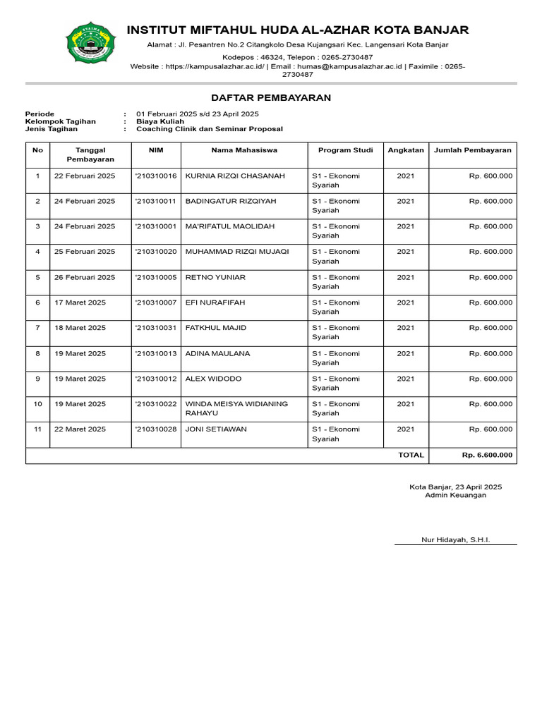 Cetak Laporan Rekap Pembayaran Seminar | PDF