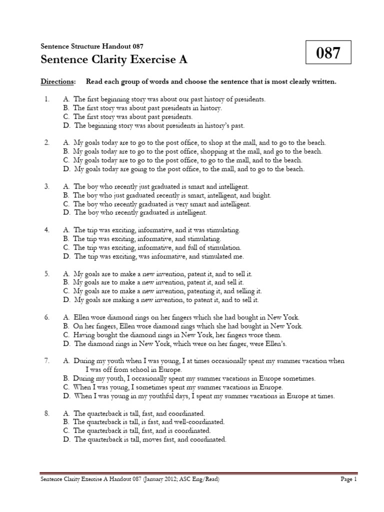 Sentence Clarity Exercises Handout | PDF