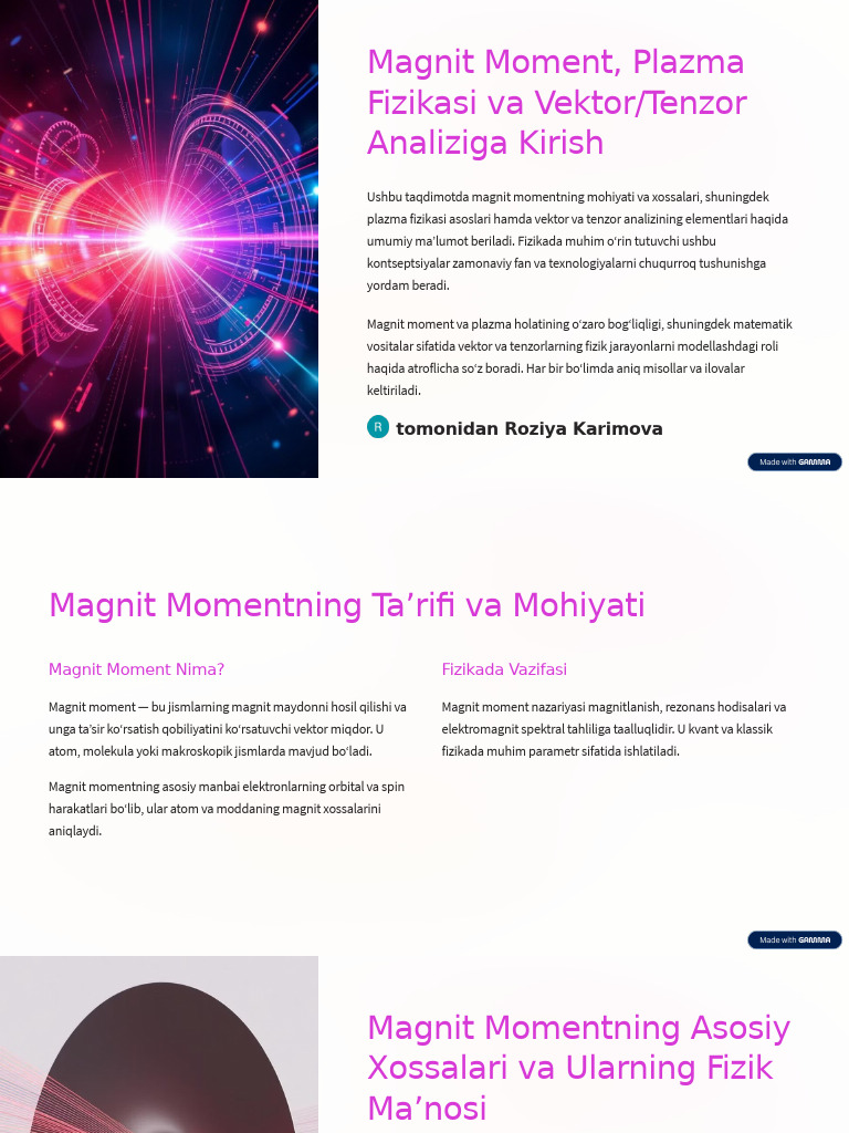 Magnit Moment Plazma Fizikasi Va VektorTenzor Analiziga Kirish | PDF