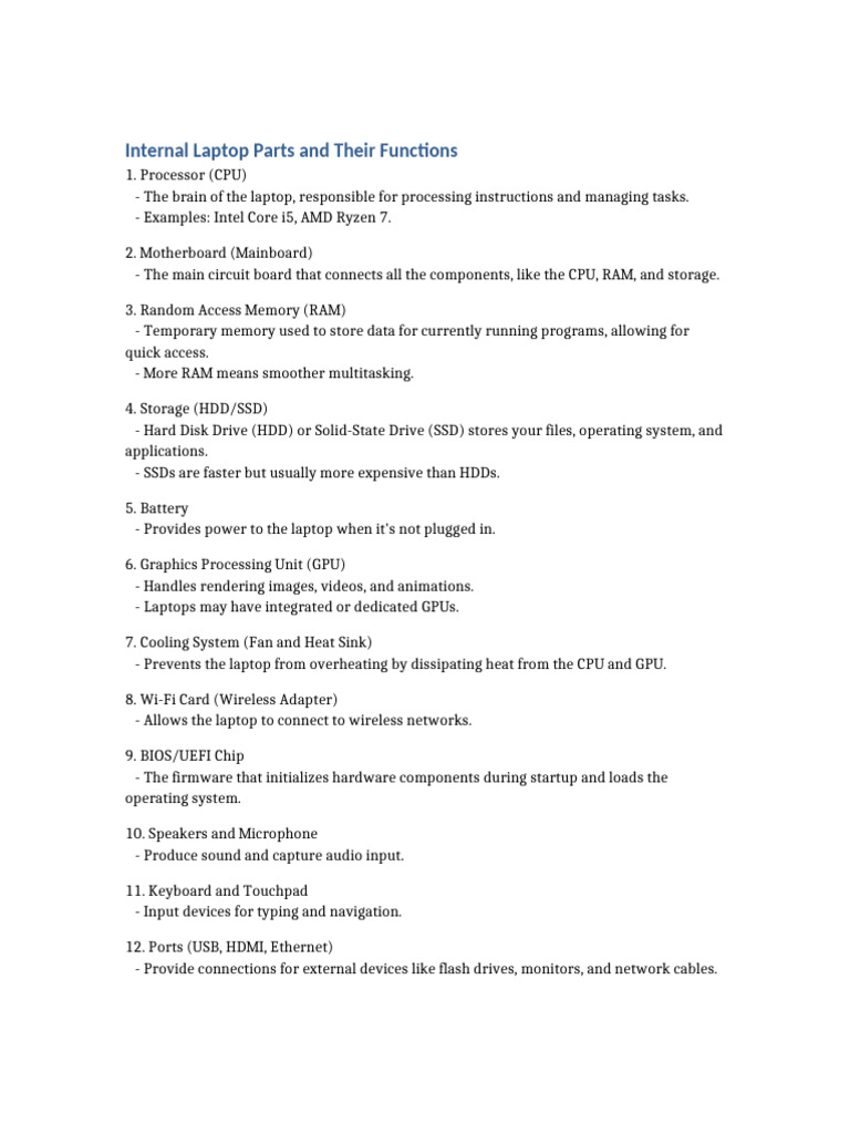 Internal Laptop Parts and Their Functions | PDF
