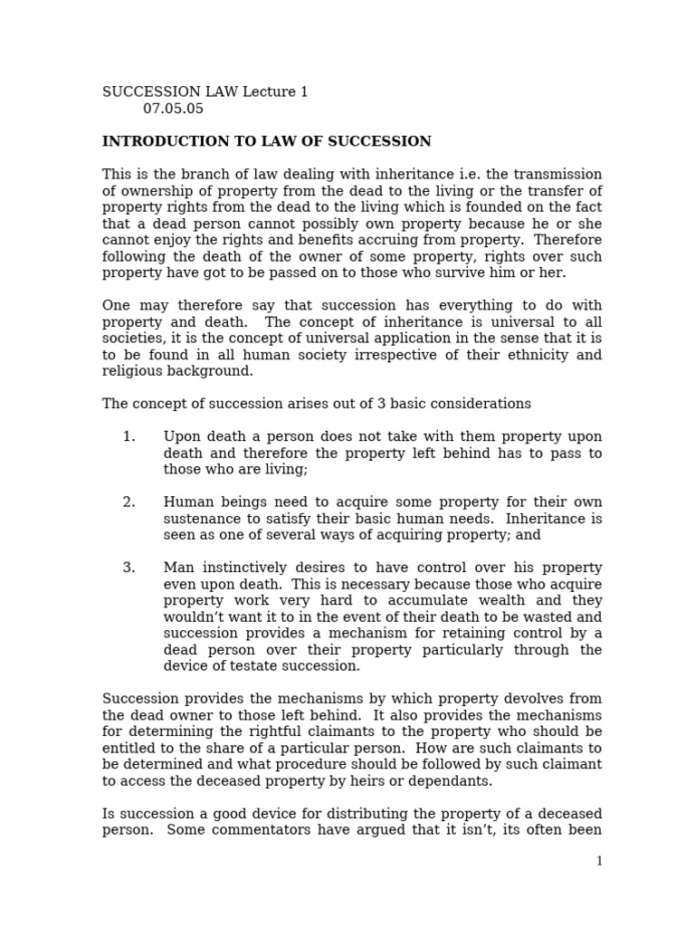 Law of Succession Lecture 1 | PDF | Intestacy | Common Law