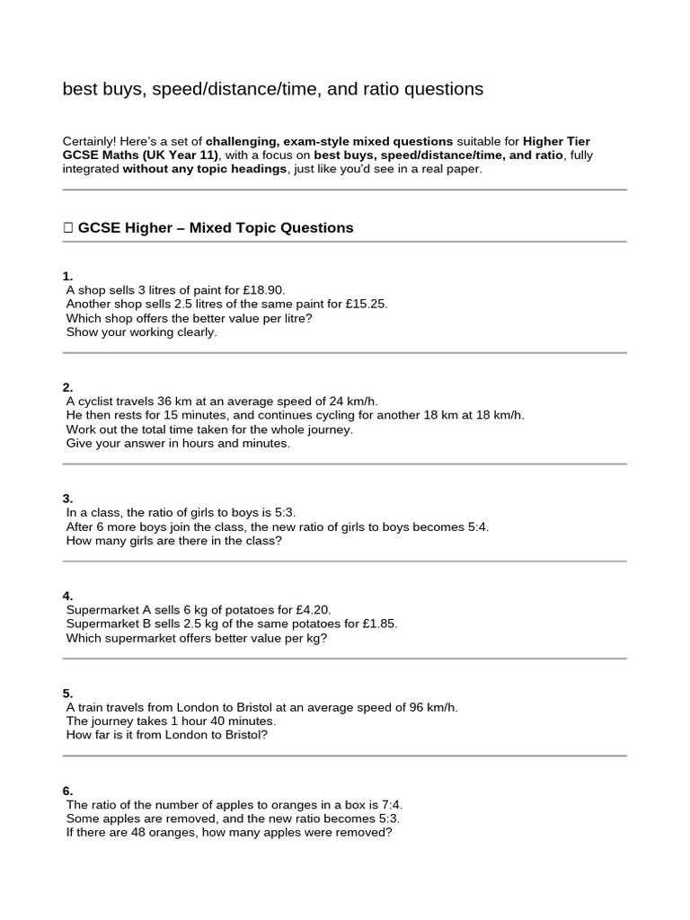 Best Buys, Speed - Distance - Time, and Ratio Questions | PDF