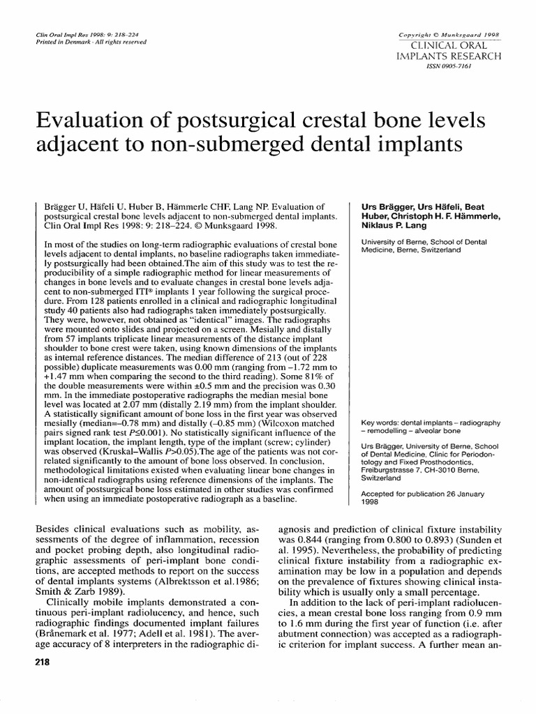 Clinical Oral Implants Res - 2001 - Brägger - Evaluation of postsurgical crestal bone levels ...