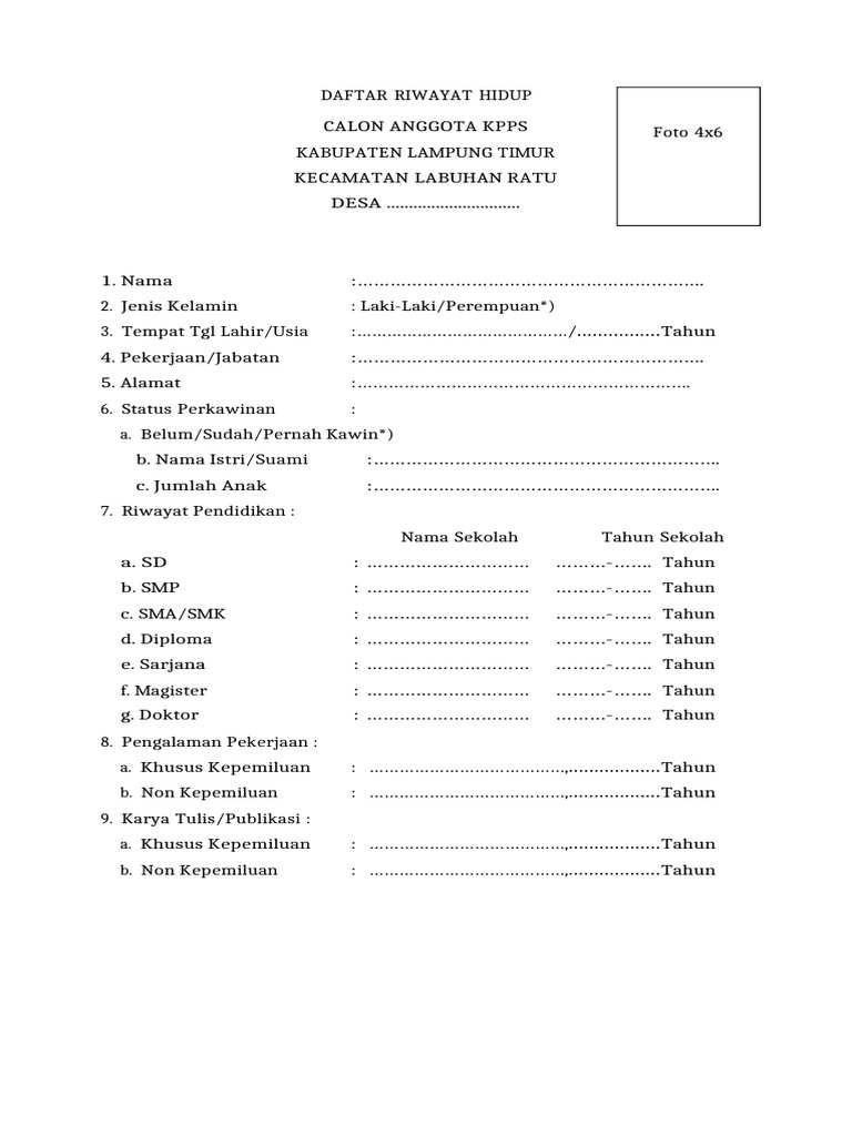 Daftar Riwayat Hidup KPPS | PDF