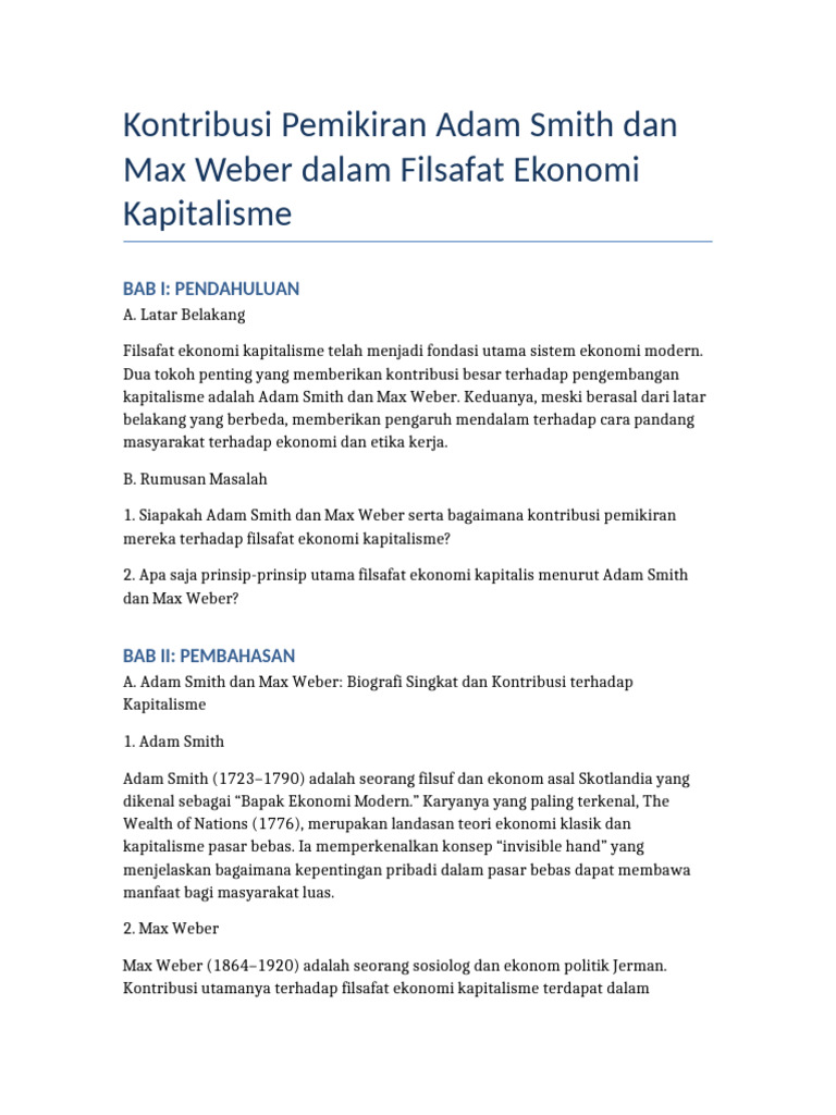 Pemikiran Smith dan Weber dalam Kapitalisme | PDF