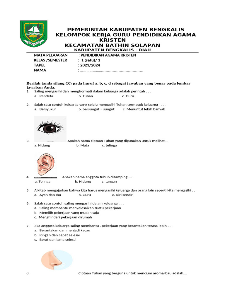Soal Ujian Kelas 1 Semester 1 | PDF