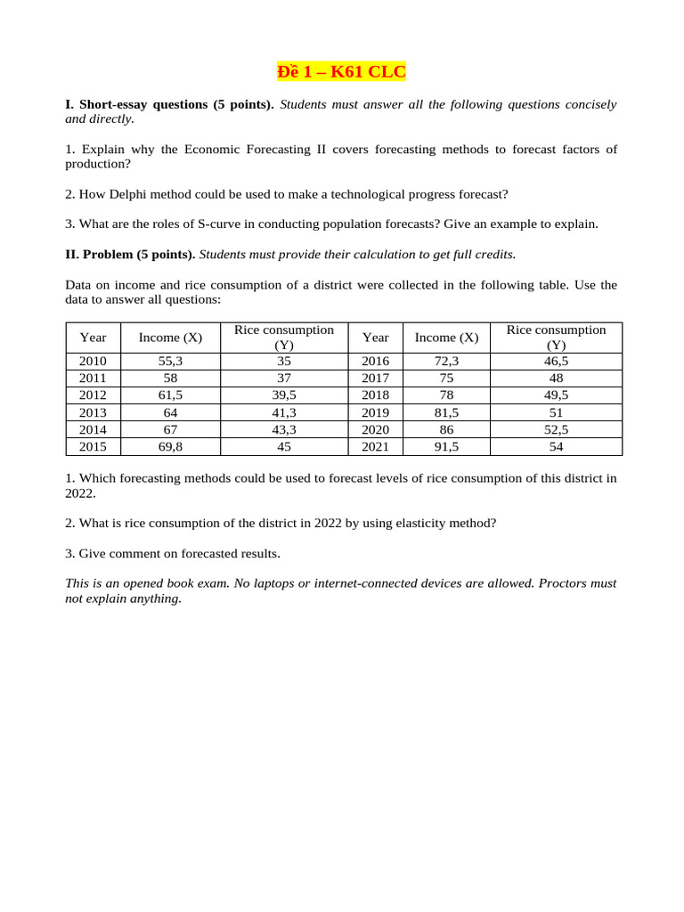 Đề Thi Cuối Kỳ Dự Báo 2 CLC | PDF | Forecasting | Consumption (Economics)