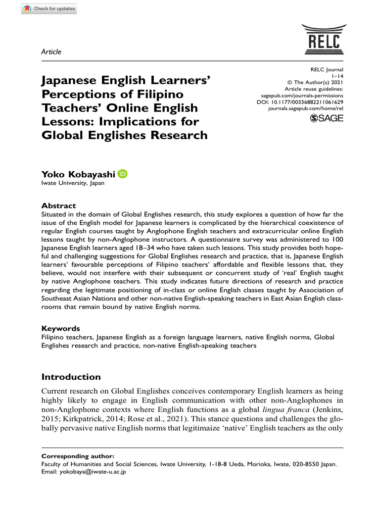 Japanese Perception of Filipino English Teachers | PDF | English Language | English As A Second ...